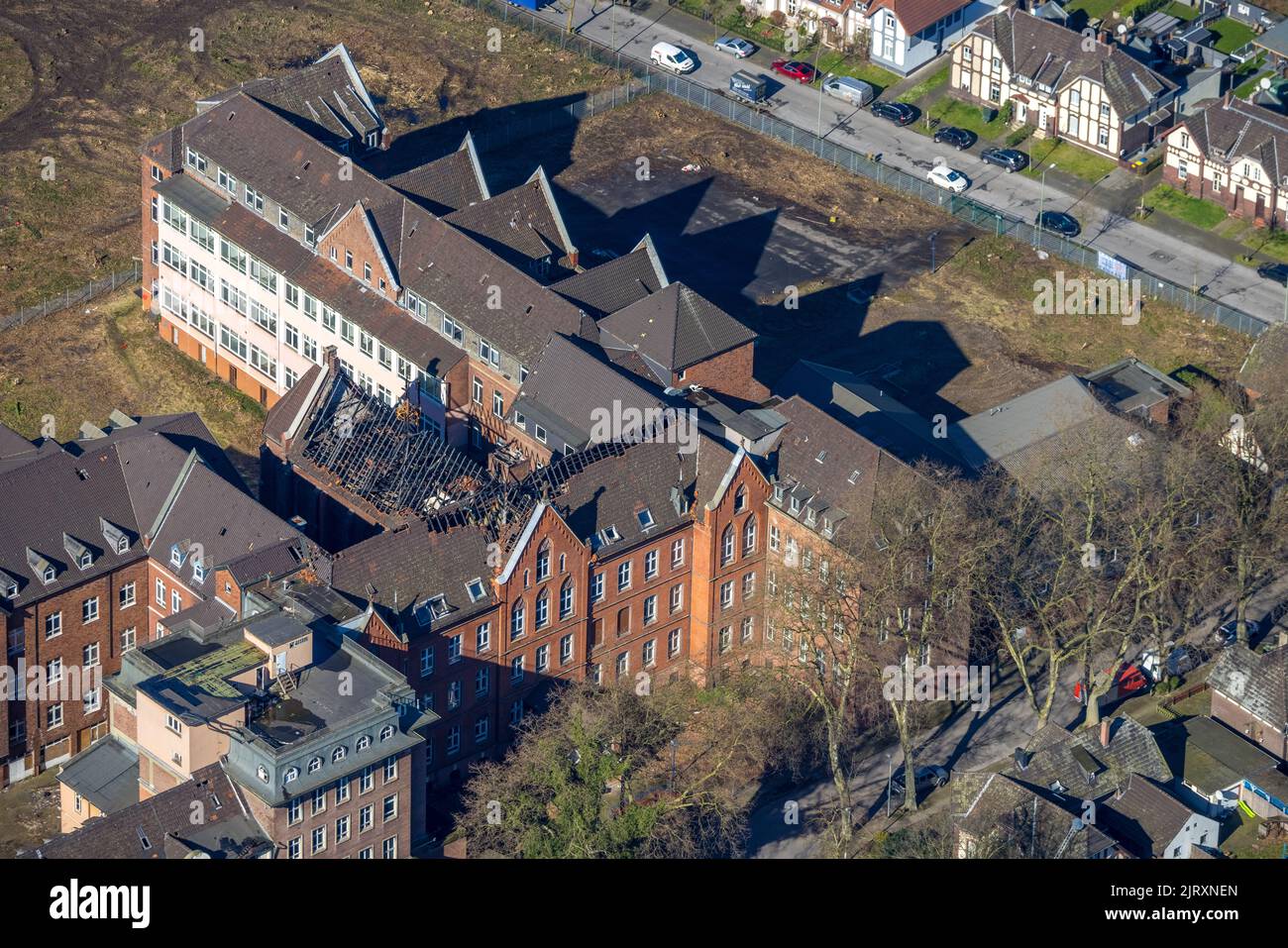 Aerial view, fire ruin former St. Barbara Hospital on Gartenstraße in ...