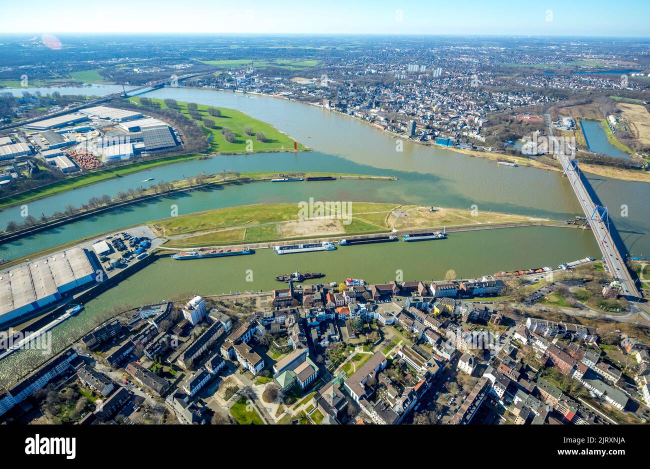 Aerial view, Mercator island, river Ruhr mouth into river Rhine ...