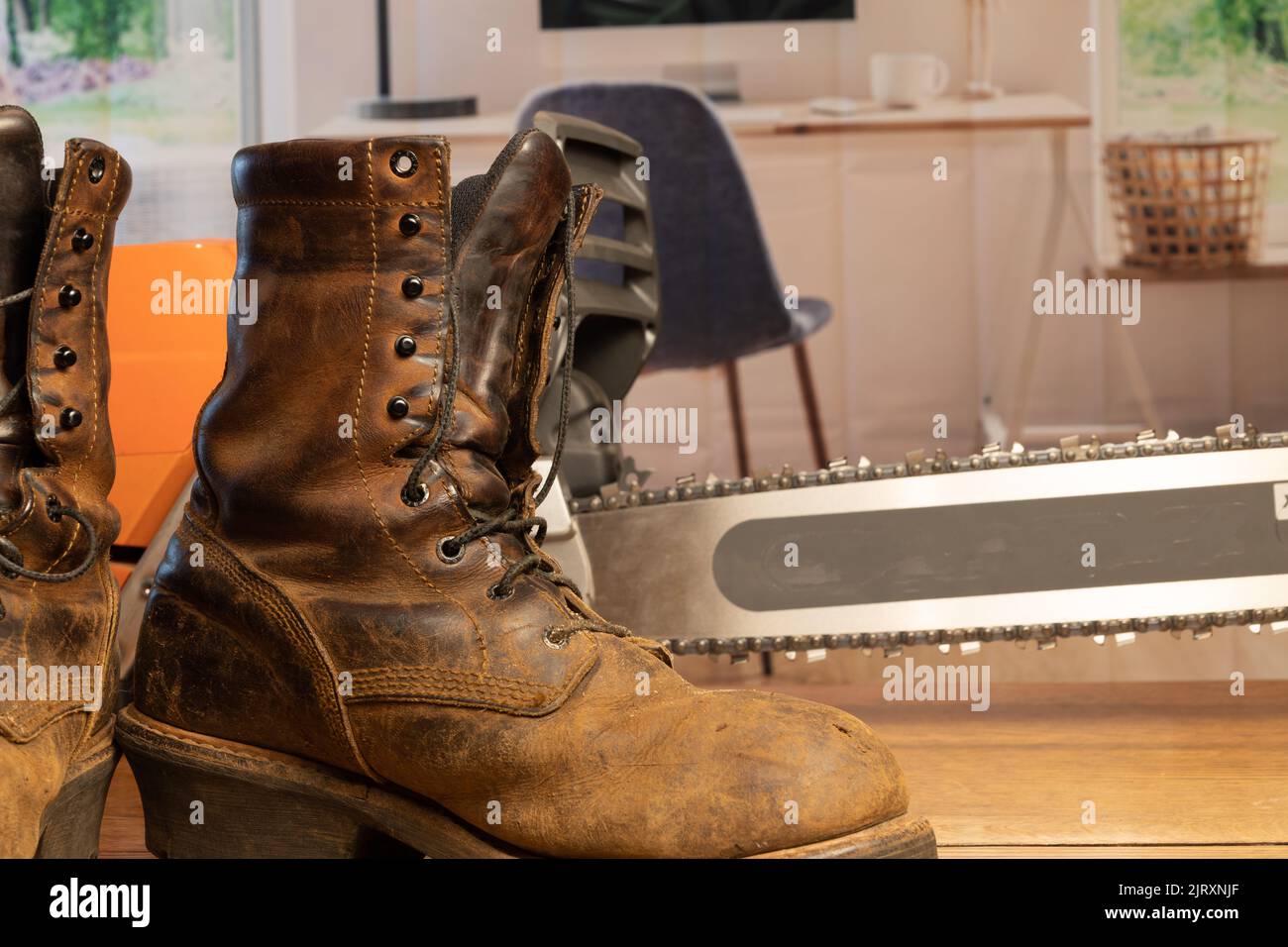 An old boot and chainsaw office background, Rome, Georgia, USA Stock ...
