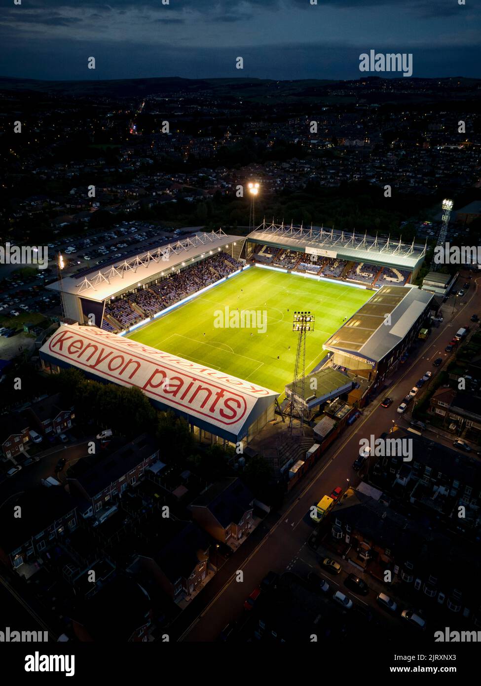 Oldham, UK. 26th Aug, 2022. An aerial view of Boundary Park during the ...