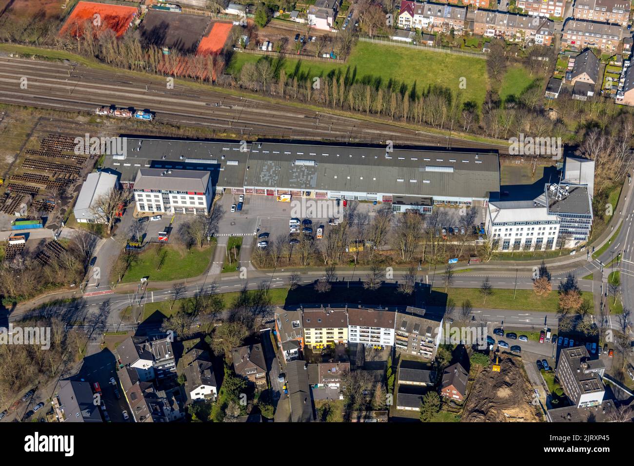 Aerial view, fire department and civil defense office, main fire ...
