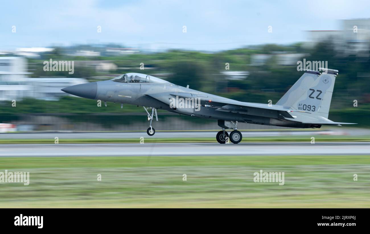 An F-15C Eagle assigned to the 44th Fighter Squadron lands after a ...