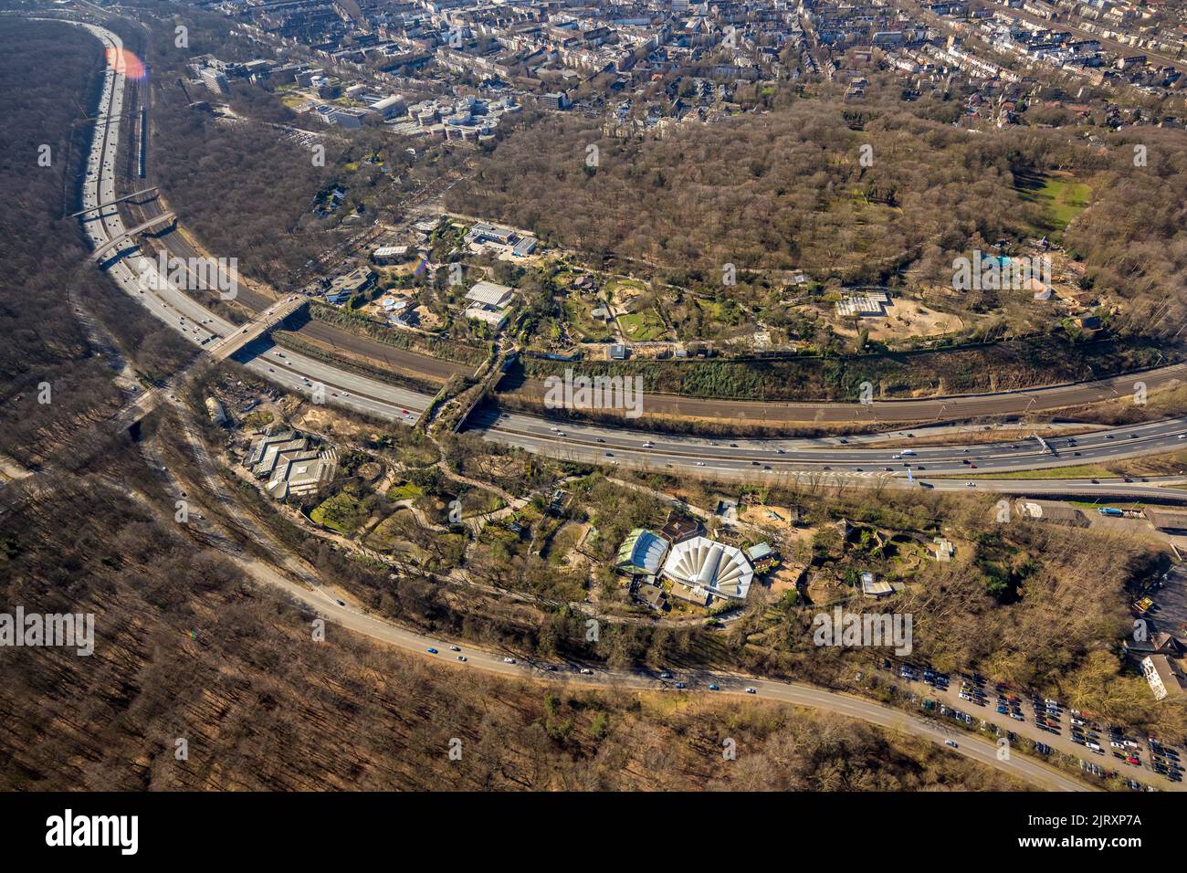 Aerial view, Zoo Duisburg and green pedestrian bridge Autobahn Zoo over ...