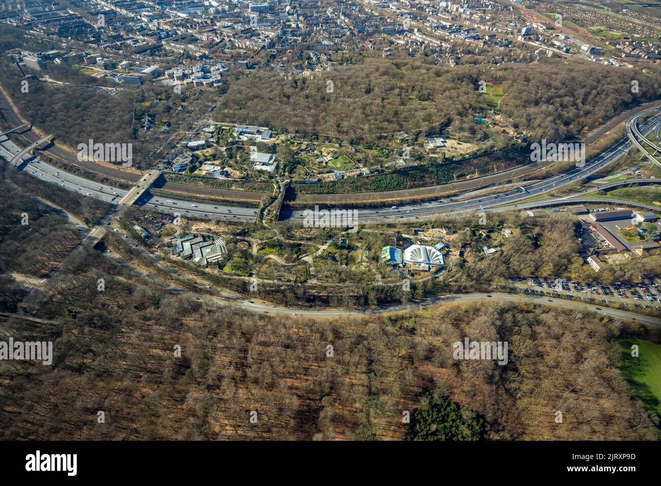 Aerial view, Zoo Duisburg and green pedestrian bridge Autobahn Zoo over ...
