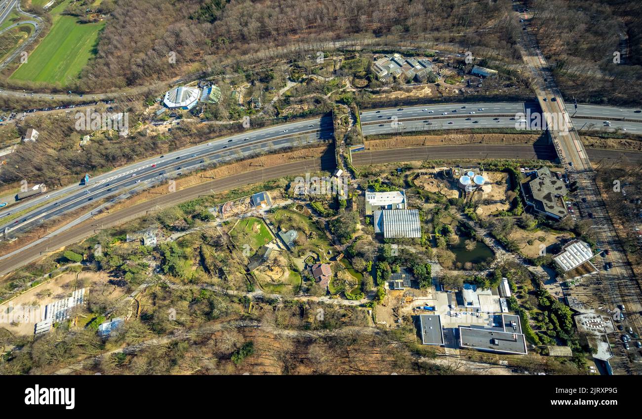 Aerial view, Duisburg Zoo and green pedestrian bridge Autobahn Zoo over ...