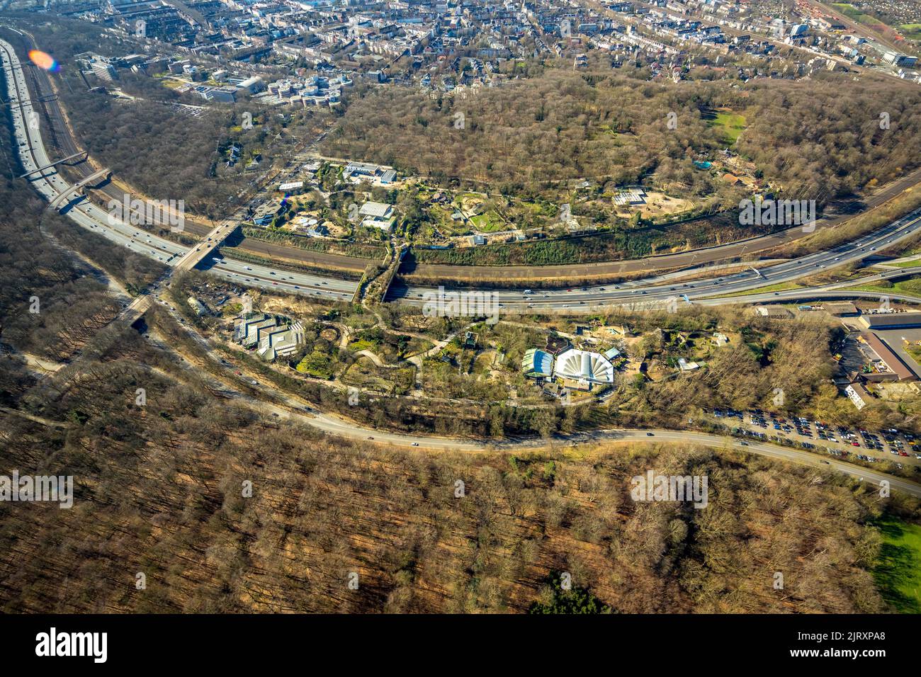 Aerial view, Duisburg Zoo and green pedestrian bridge Autobahn Zoo over ...