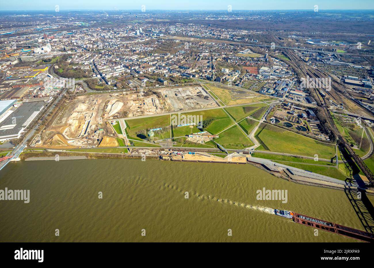 Aerial view, Rhine Park Duisburg at the river Rhine and planned housing ...