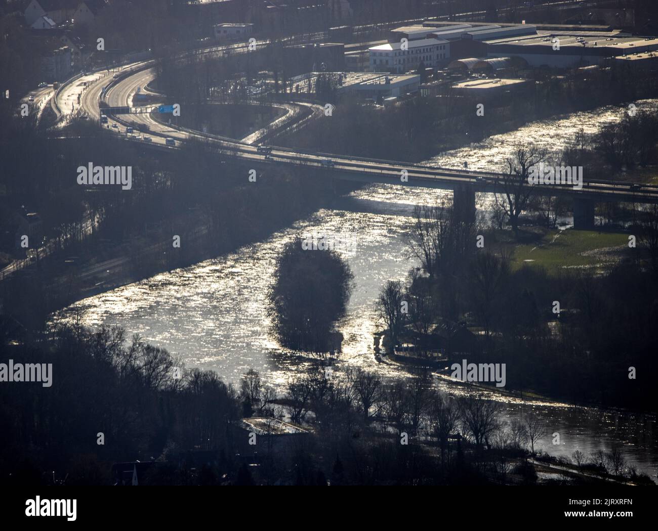 Aerial view, river Ruhr flood and flooding at the nature reserve ...