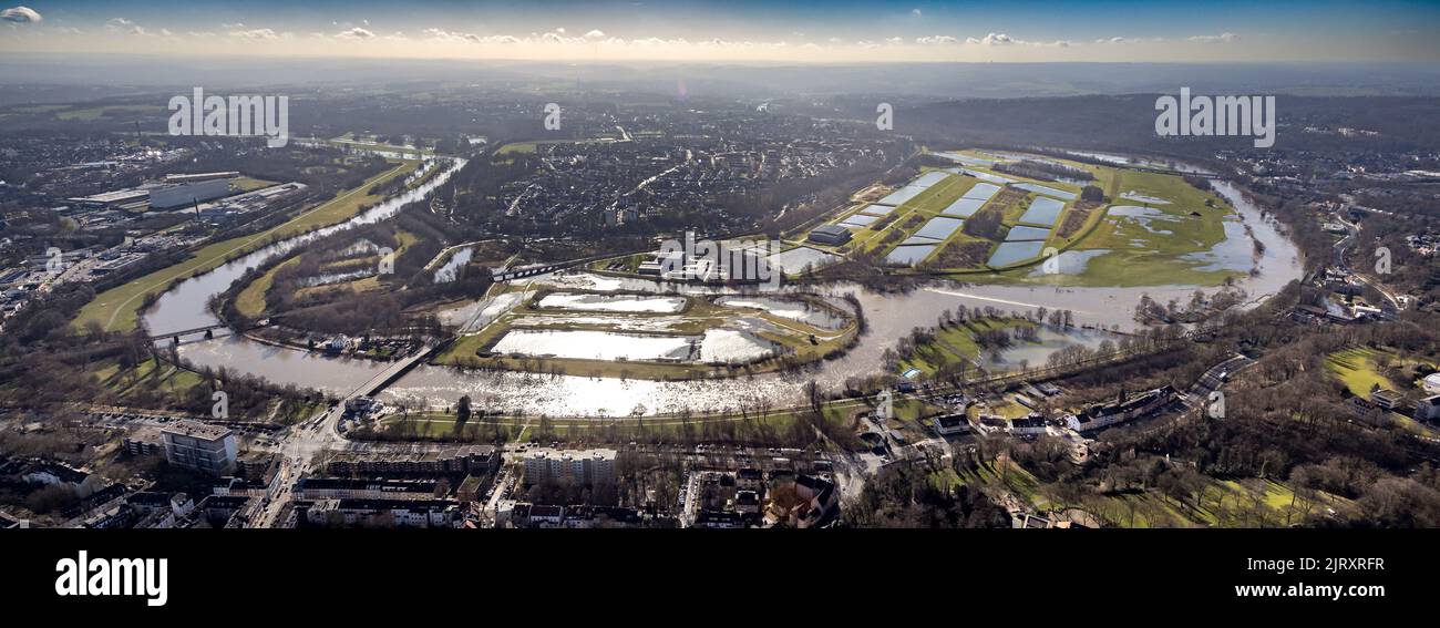 Aerial view, river Ruhr flood and flooded Steeler Ruhr meadows with ...