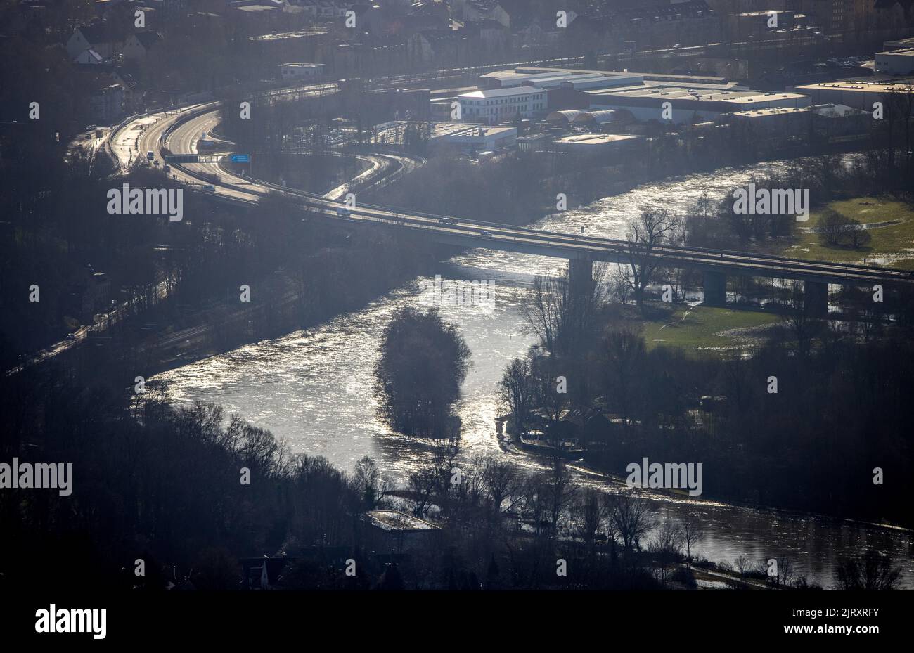 Aerial view, river Ruhr flood and flooding at the nature reserve ...