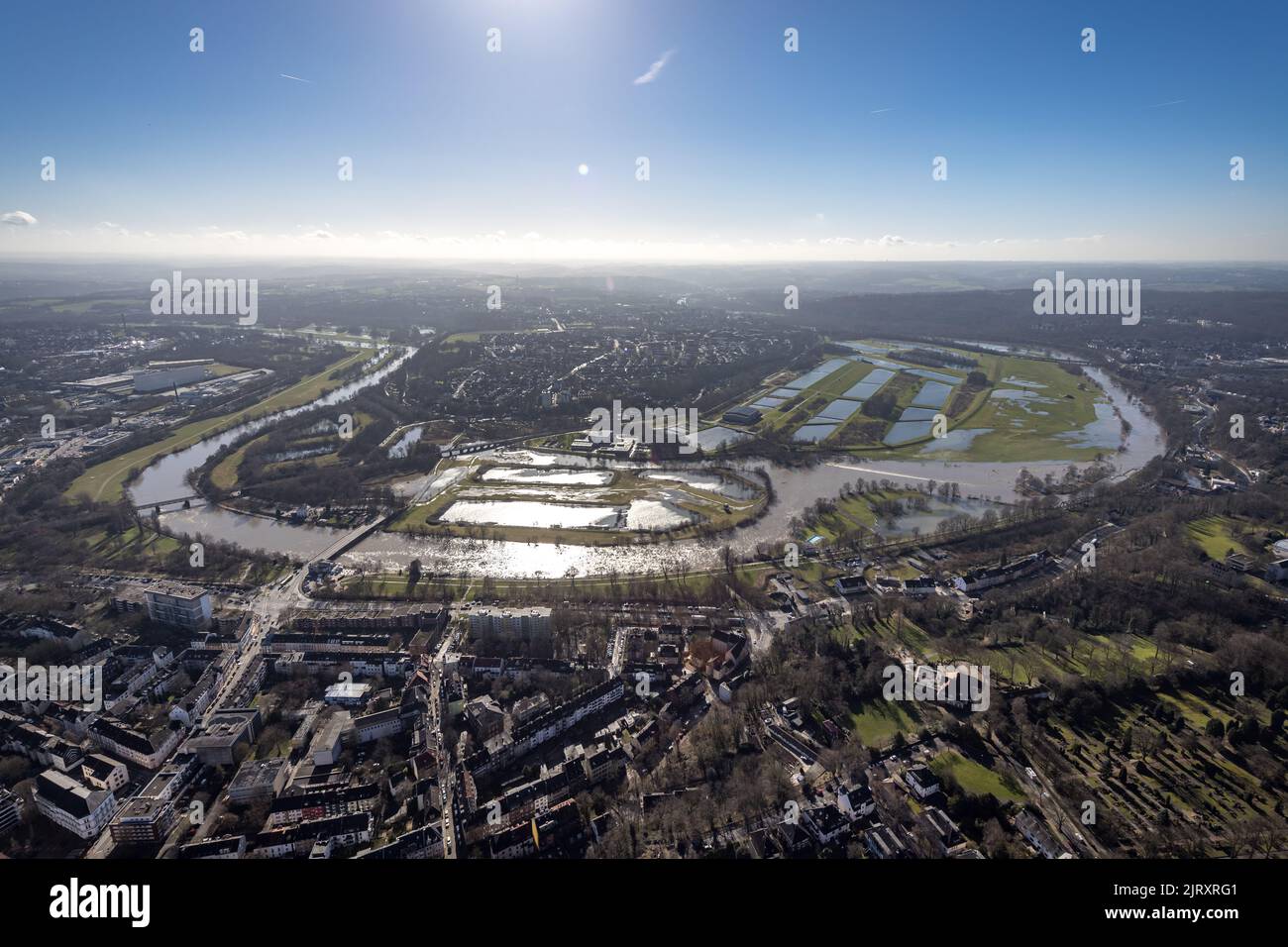 Aerial view, river Ruhr flood and flooded Steeler Ruhr meadows with ...