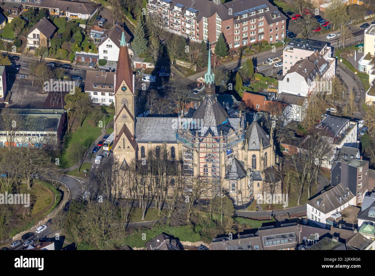 Aerial photograph, church tower renovation cath. St. Laurentius church ...