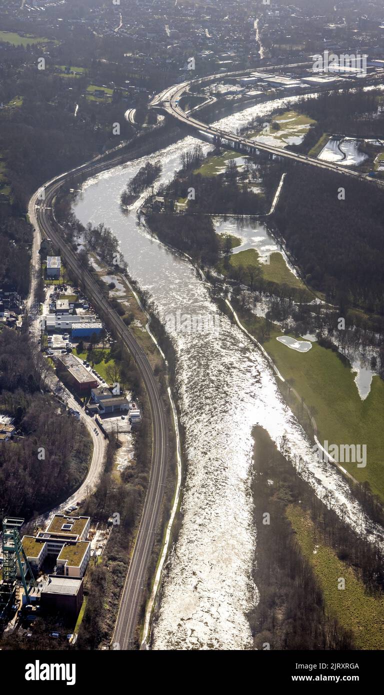Aerial view, river Ruhr flood and flooding at the nature reserve ...