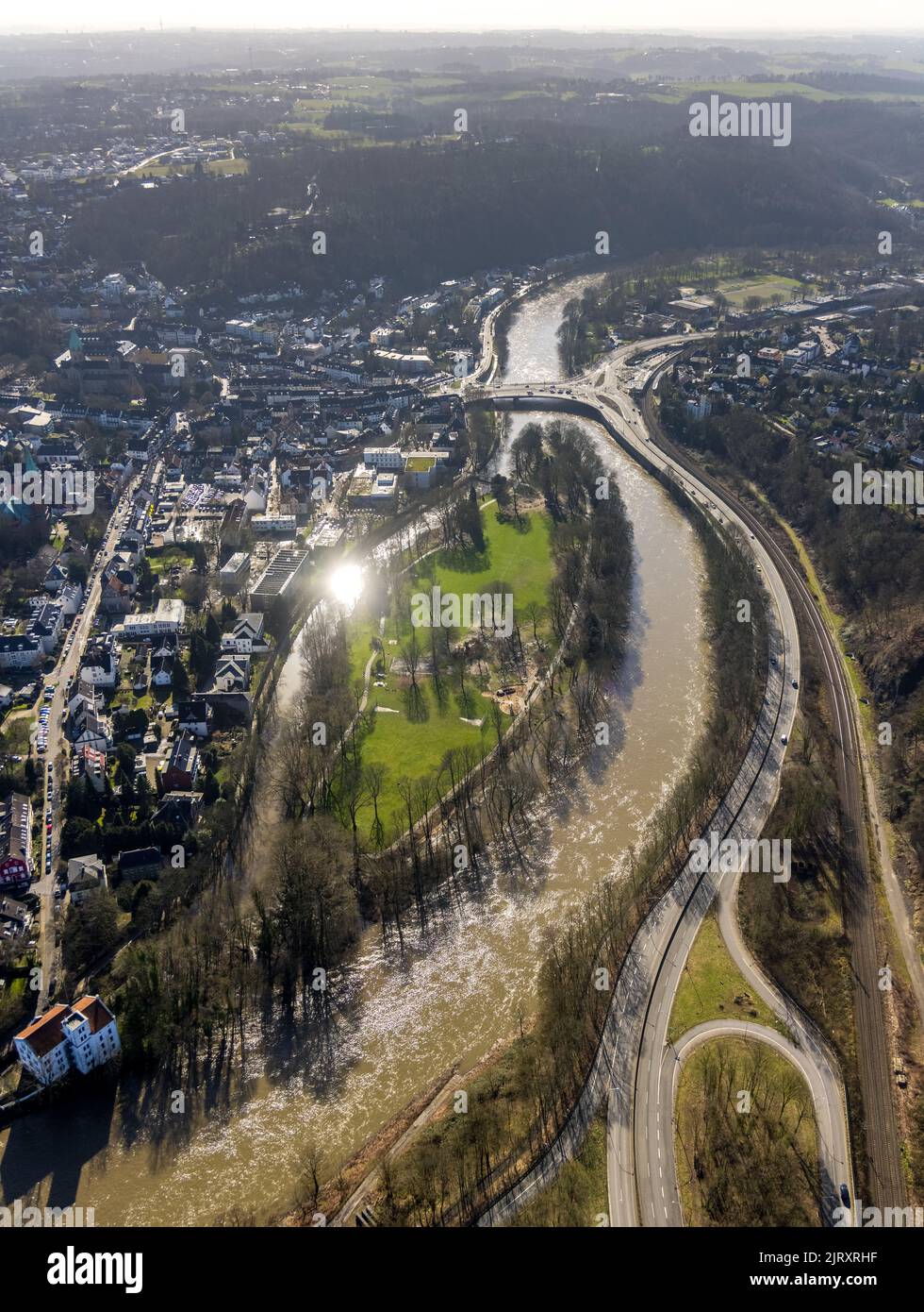 Aerial view, river Ruhr flood and flooding at the Brehminsel in the ...