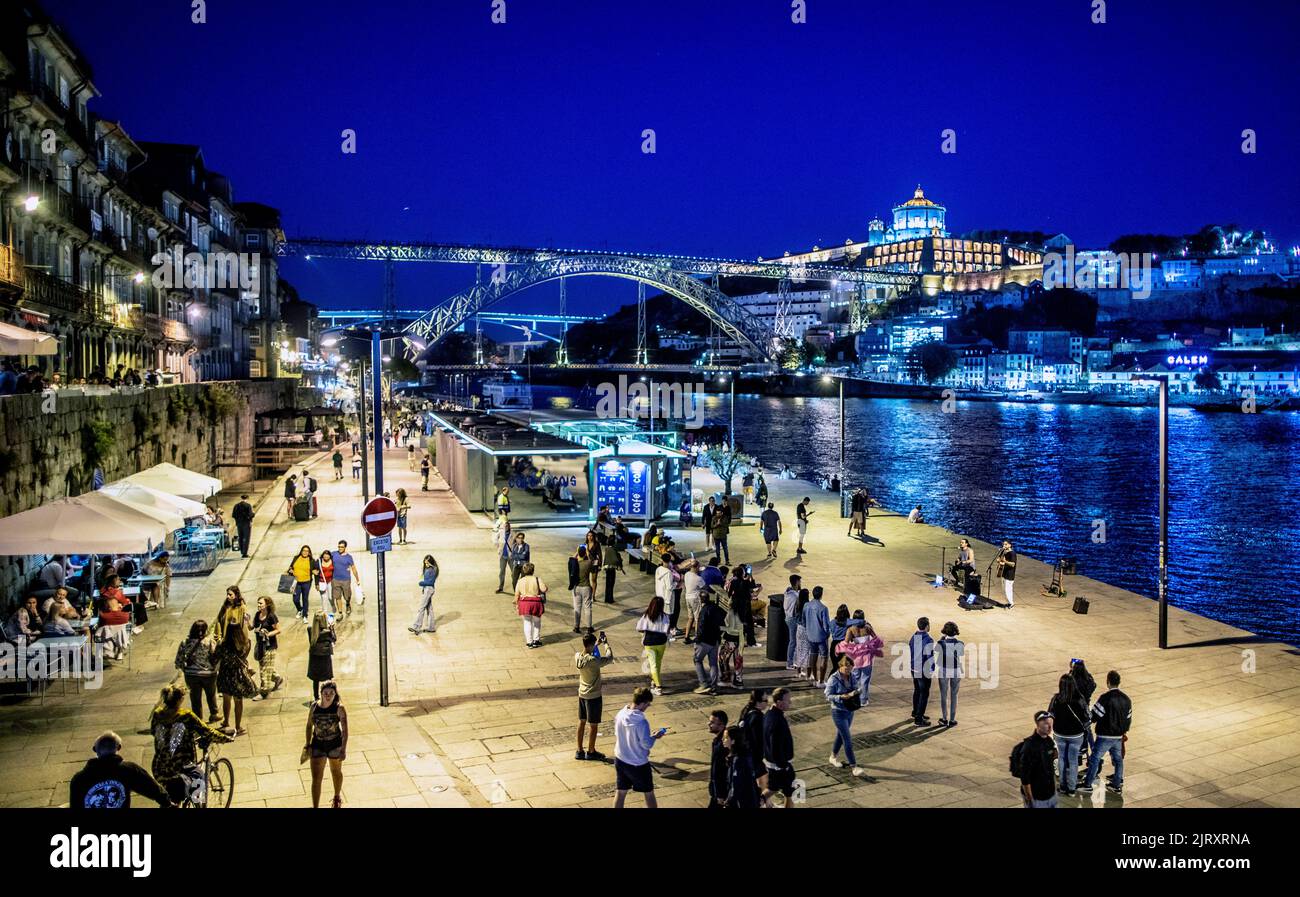 The Maria Pia Bridge and the River Douro at Night Porto Portugal Stock ...
