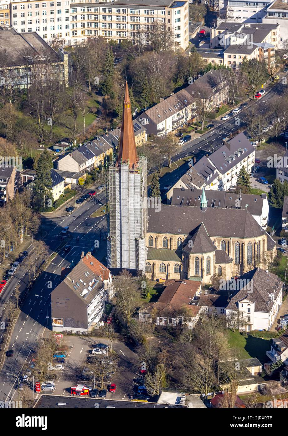 Construction site with renovation and shrouded church tower hi-res ...