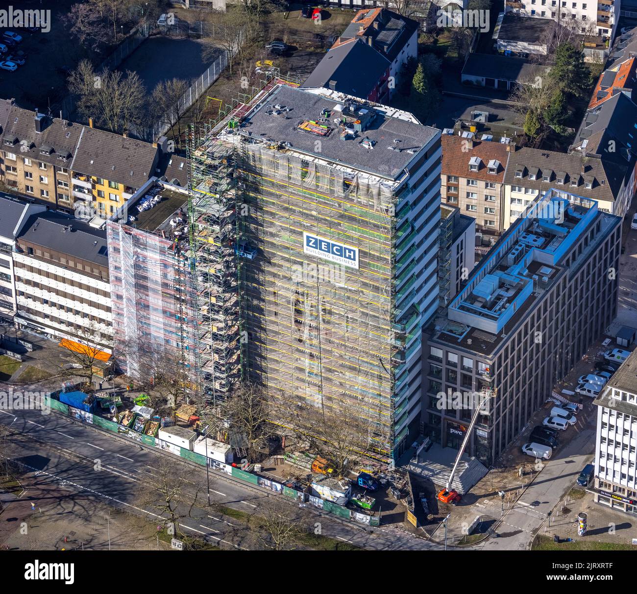 Aerial photograph, construction site new building senior apartments ...