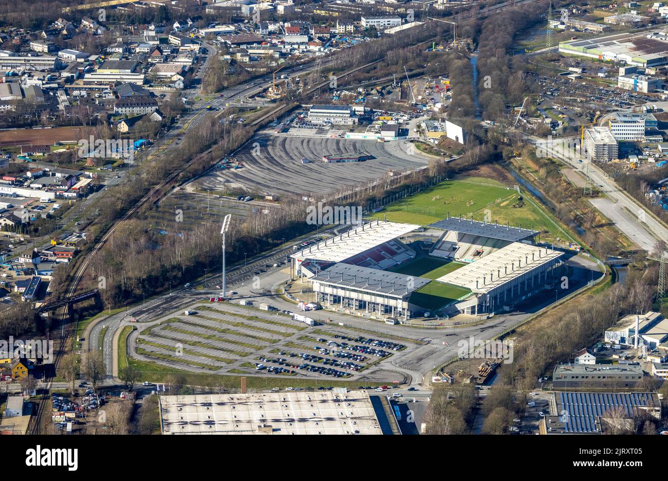 Aerial view, soccer stadium Rot-Weiss Essen, stadium at Hafenstraße in ...