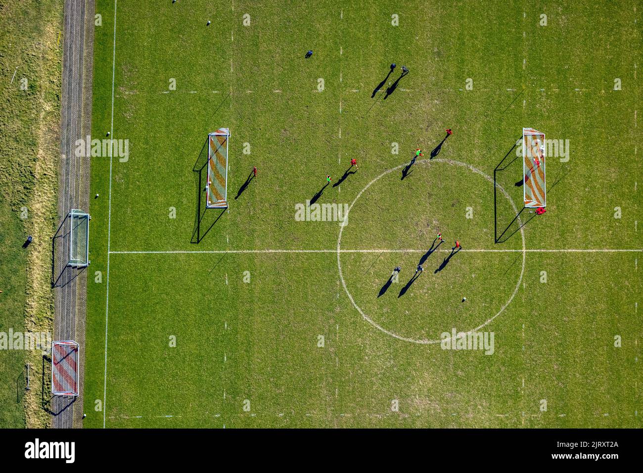 Aerial view, soccer players on a training ground at Rot-Weiss Essen ...
