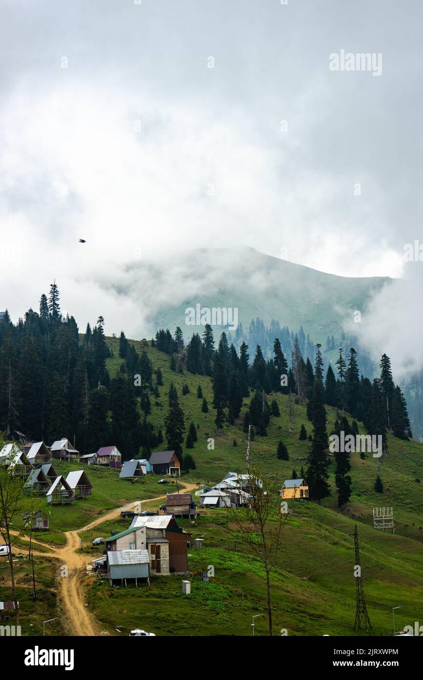 Famous georgian mountain resort Bakhmaro in summer view with old ...