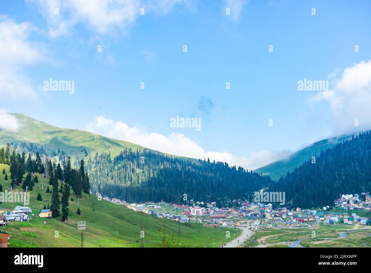 Famous georgian mountain resort Bakhmaro in summer view with old ...