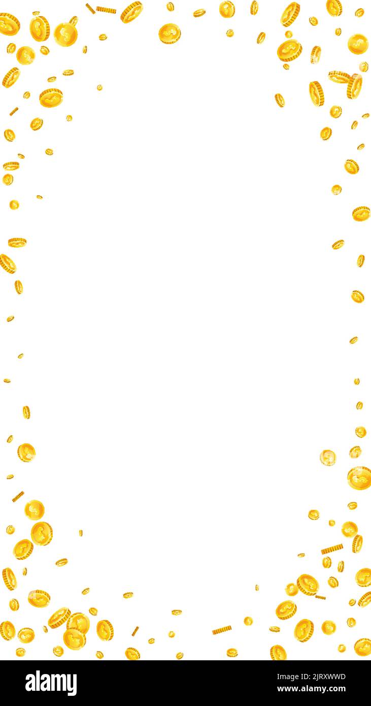 American dollar coins falling. Scattered gold USD coins. USA money ...