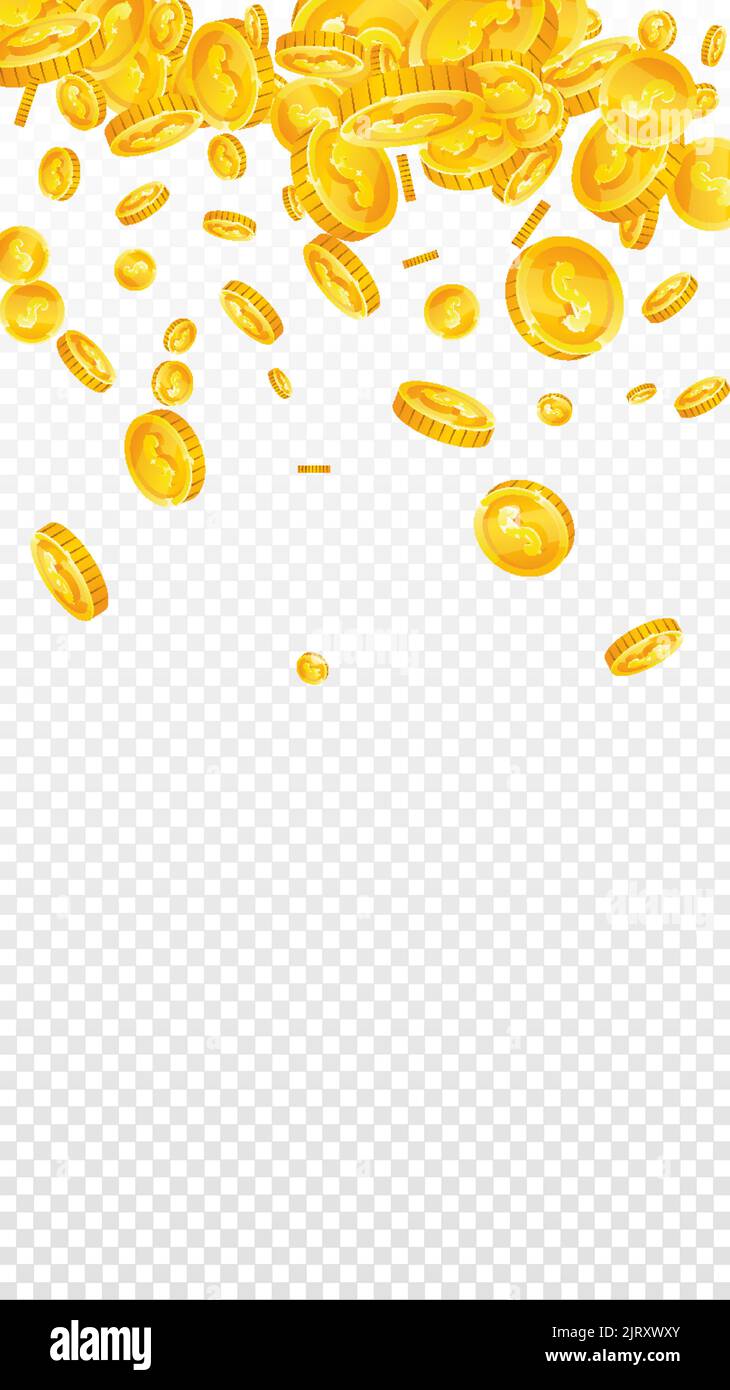 American dollar coins falling. Scattered gold USD coins. USA money ...