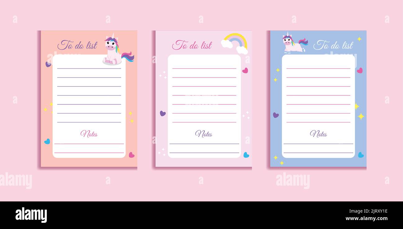 A colorful vector pack of child unicorn themed note taking papers on a ...