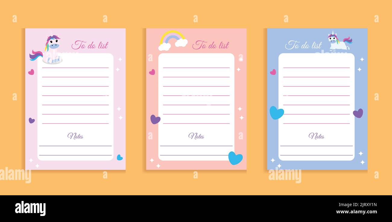 A colorful vector pack of child unicorn themed note taking papers on an ...