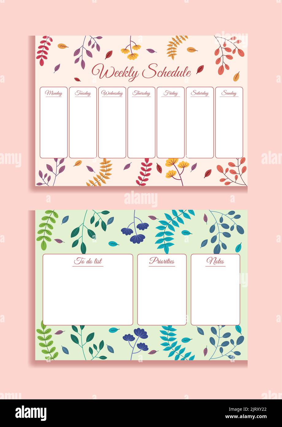 A colorful illustration pack of a nature themed weekly schedule planner ...