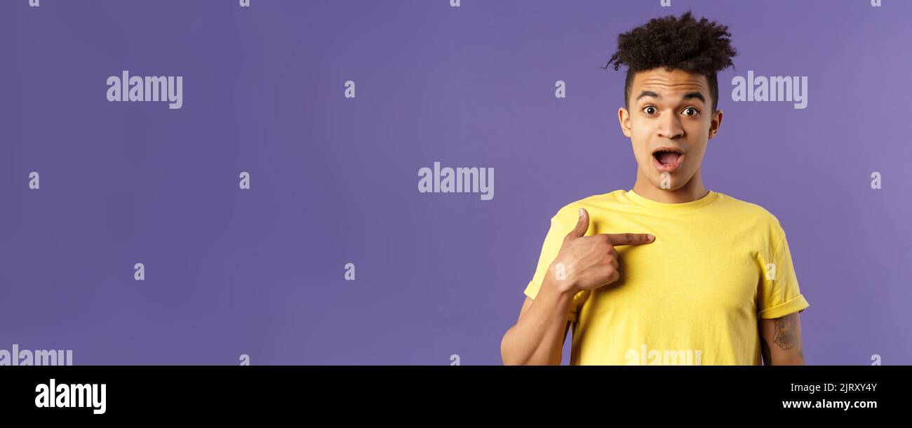 Who me, no way. Portrait of surprised, happy rejoicing young man ...