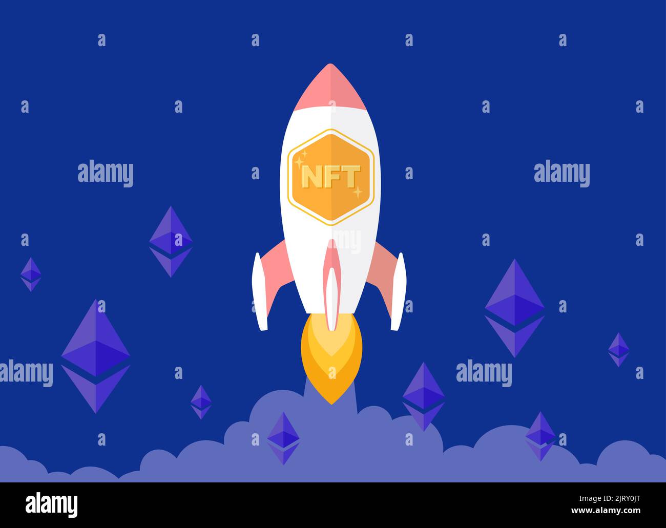 NFT technology that takes off like a rocket. Banner with a non-fungible ...