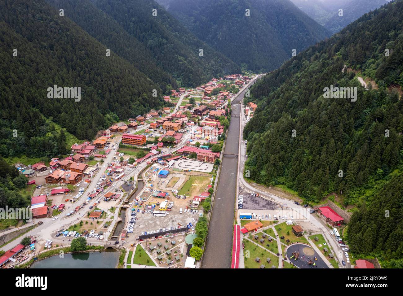 An aerial view of a village and mountain landscape in Trabzon, Turkey ...