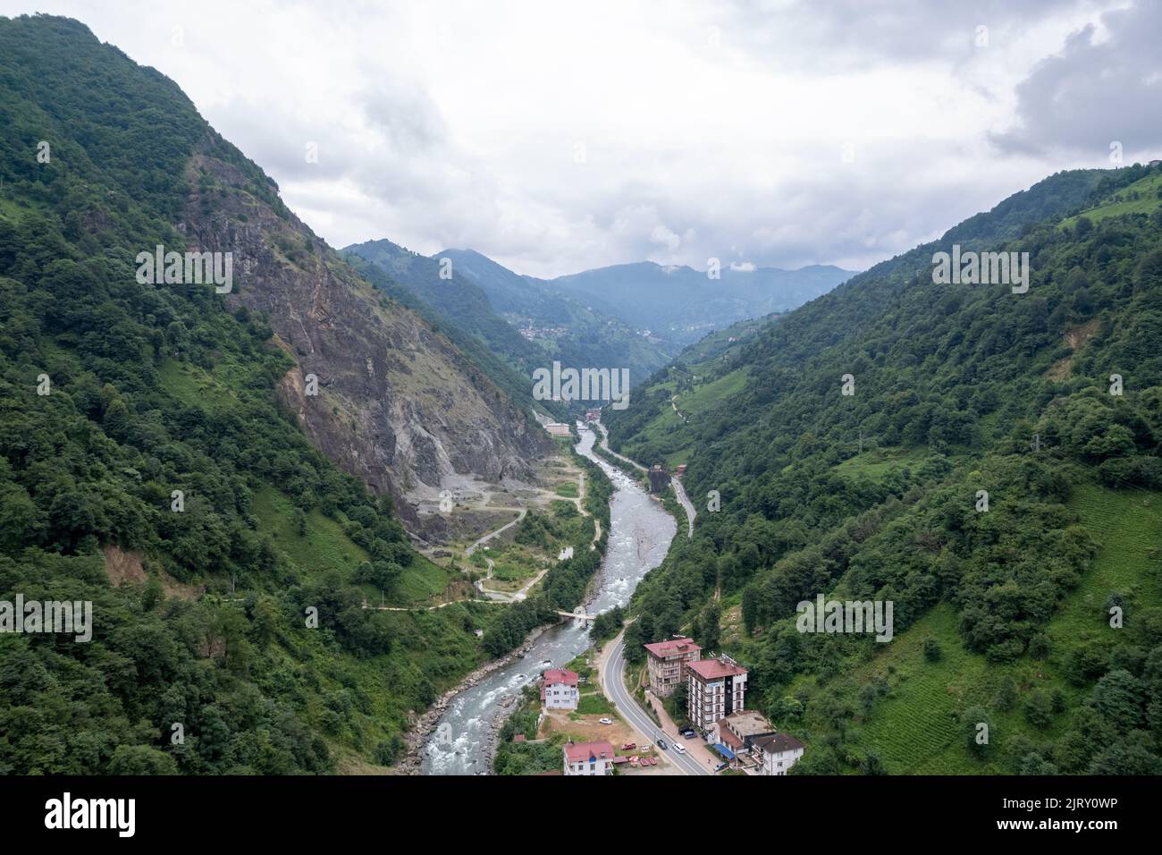 An aerial view of a village and mountain landscape in Trabzon, Turkey ...