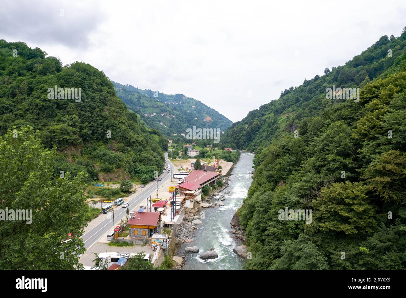 An aerial view of a village and mountain landscape in Trabzon, Turkey ...