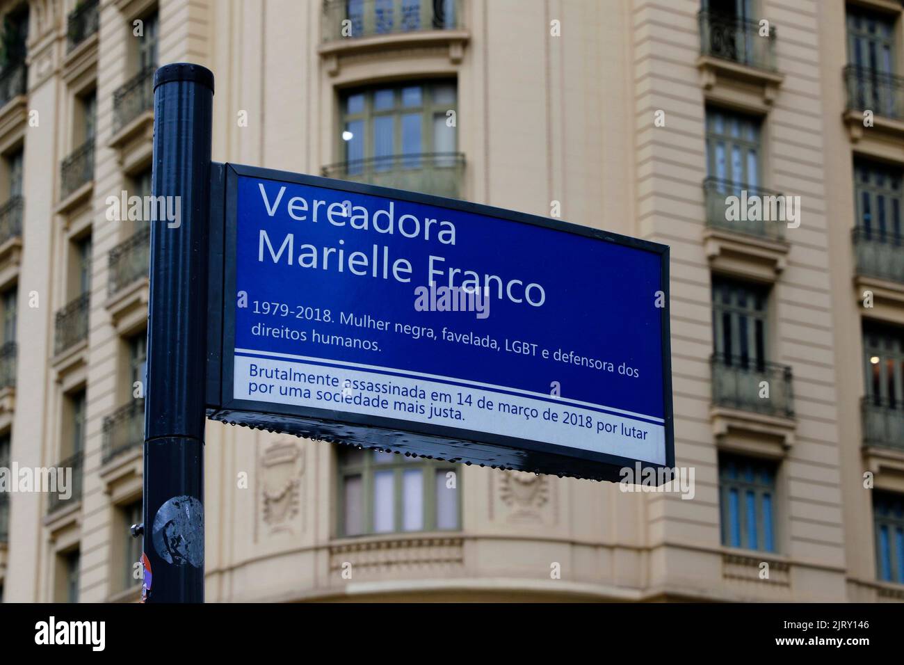 Marielle Franco tribute street sign at Municipal Chamber of Rio de ...