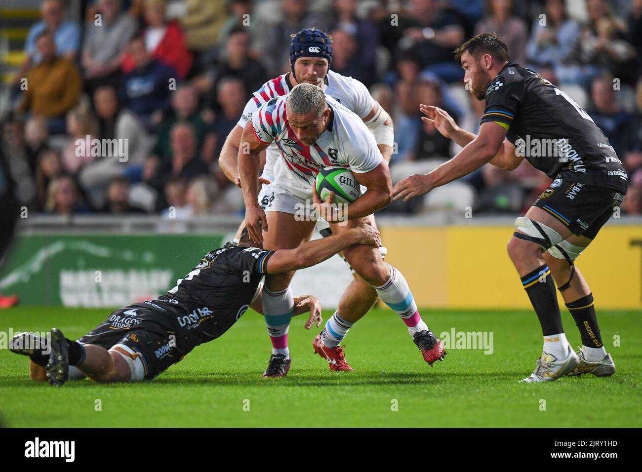 Max Lahiff of Bristol Bears takes on the Dragons defence Stock Photo ...