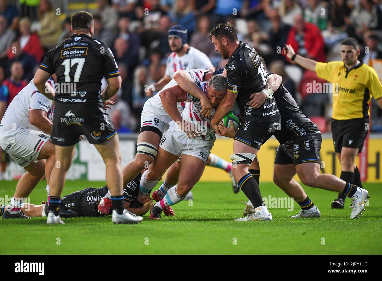 Max Lahiff of Bristol Bears takes on the Dragons defence Stock Photo ...