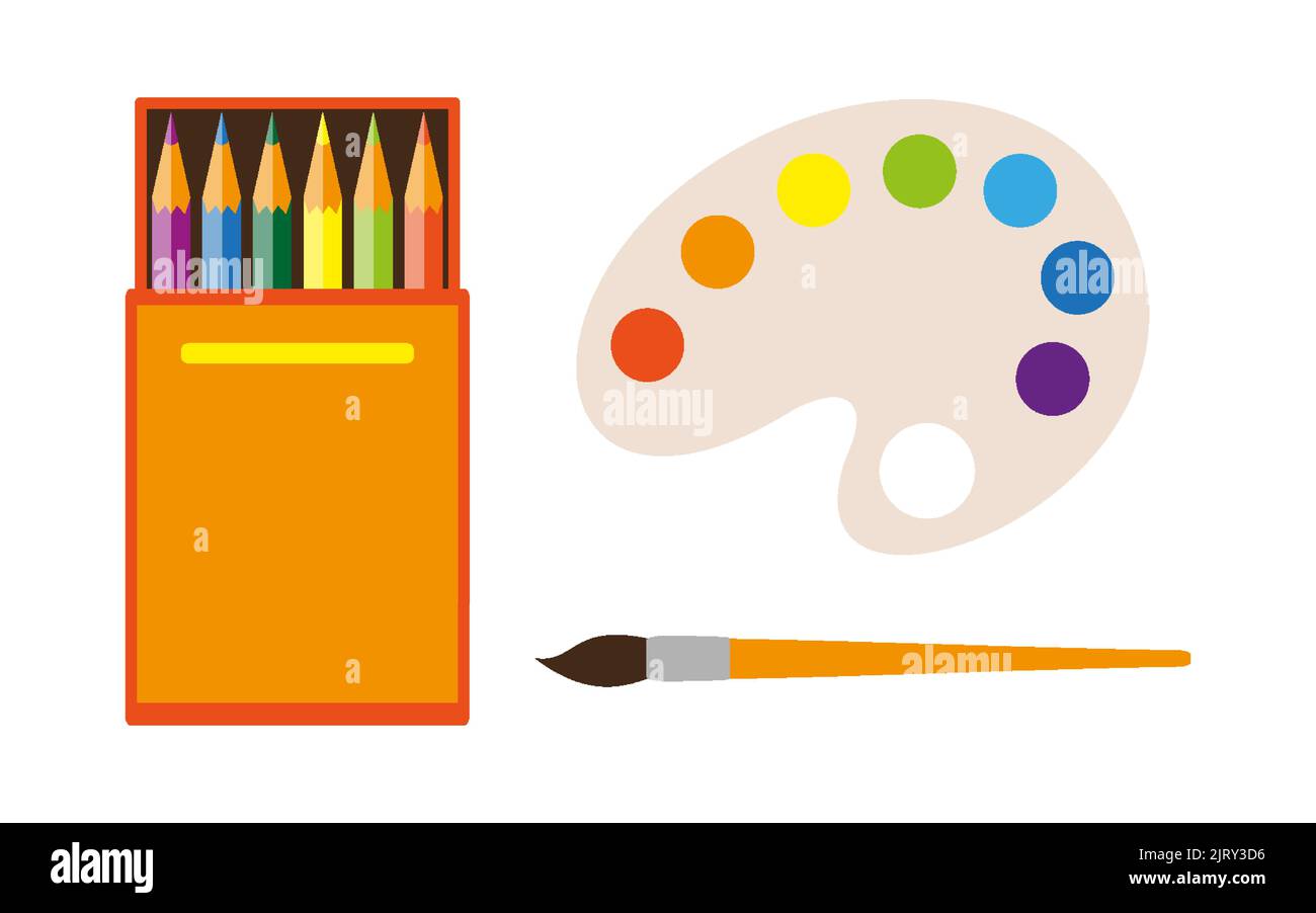 Color pencil paint brush art therapy develop flat set. Children toy ...