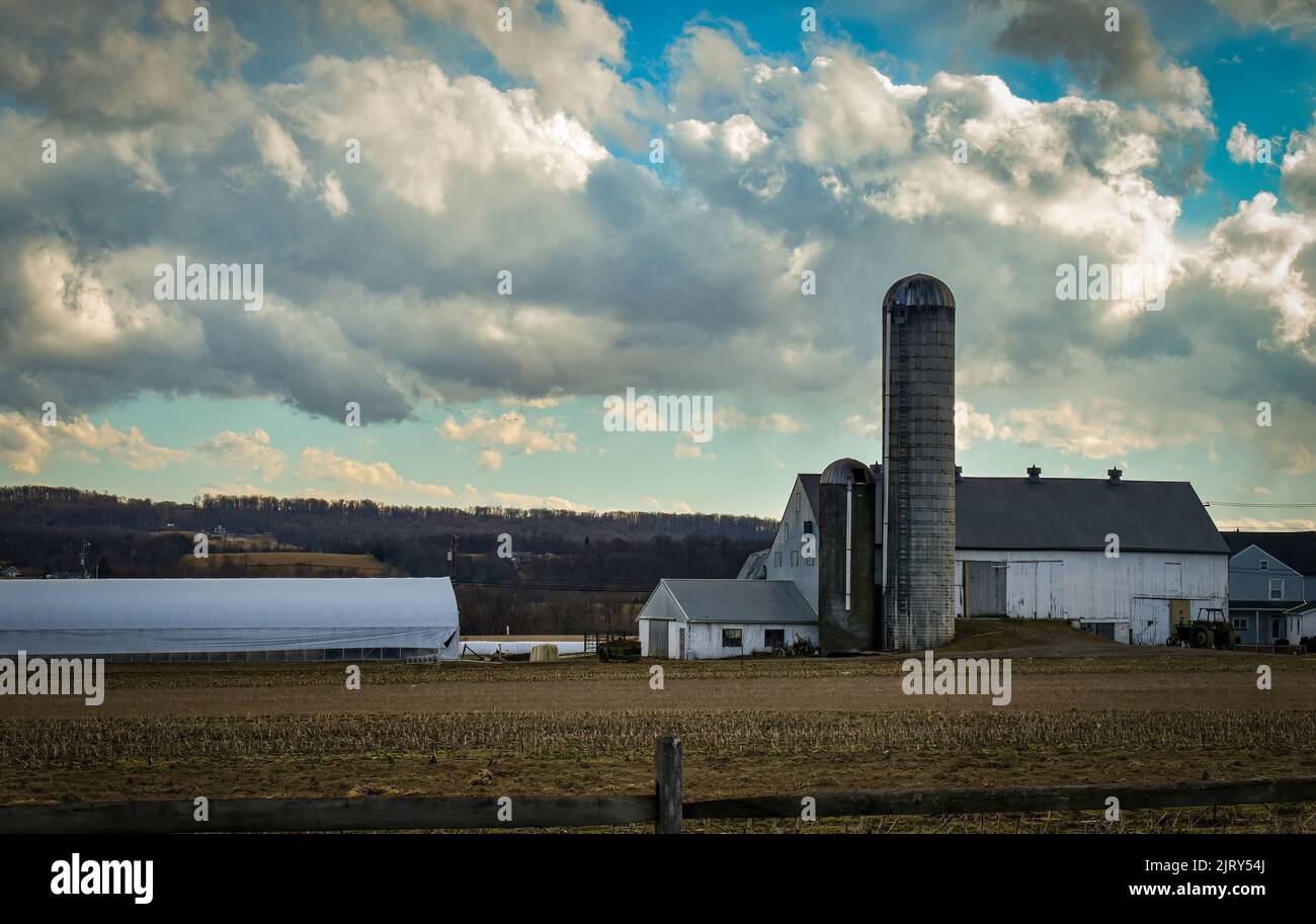 View of an Amish Farm, With Barn and Silo on a Sunny Day Stock Photo ...
