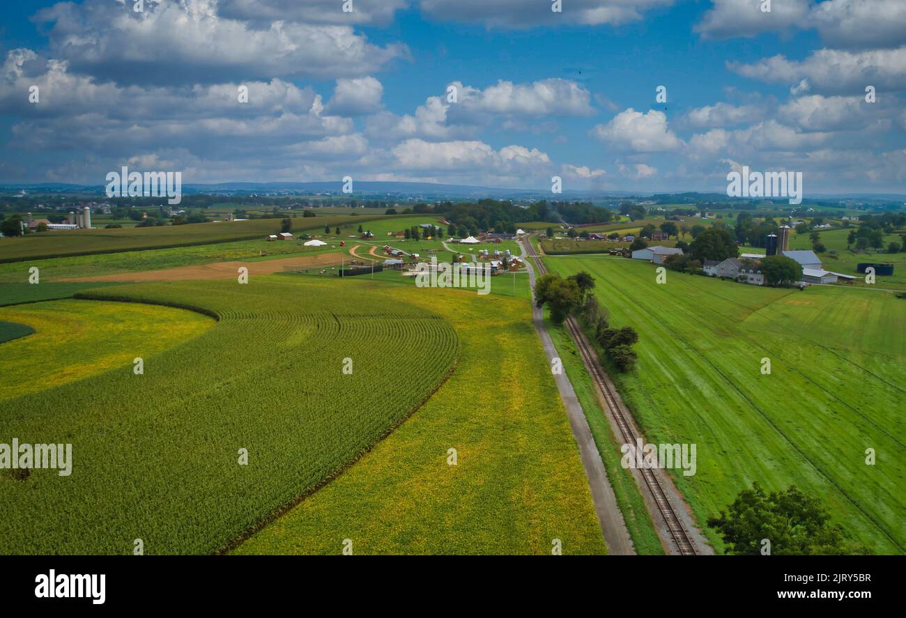 Drone View of Amish Countryside With Barns and Silos and Corn, Patch ...