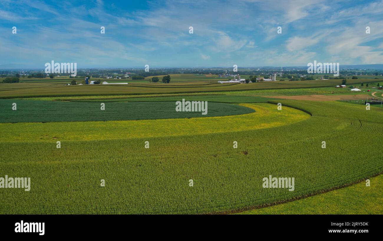 Drone View of Amish Countryside With Barns and Silos and Corn, Patch ...