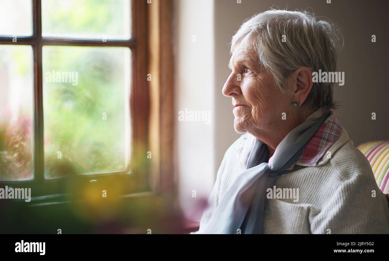 Happy elderly woman looking out window thinking of memories pensioner retirement lifestyle ...