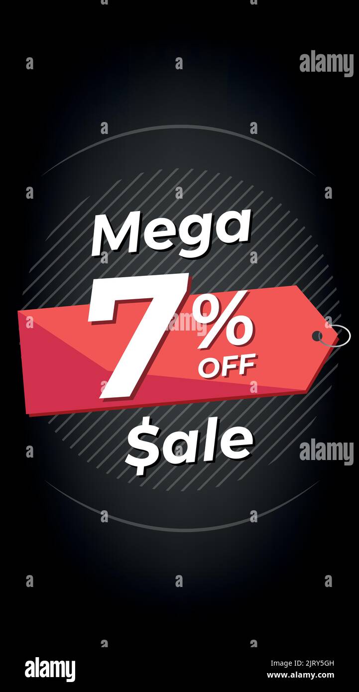 7% off. Black discount banner with seven percent. Advertising for Mega ...