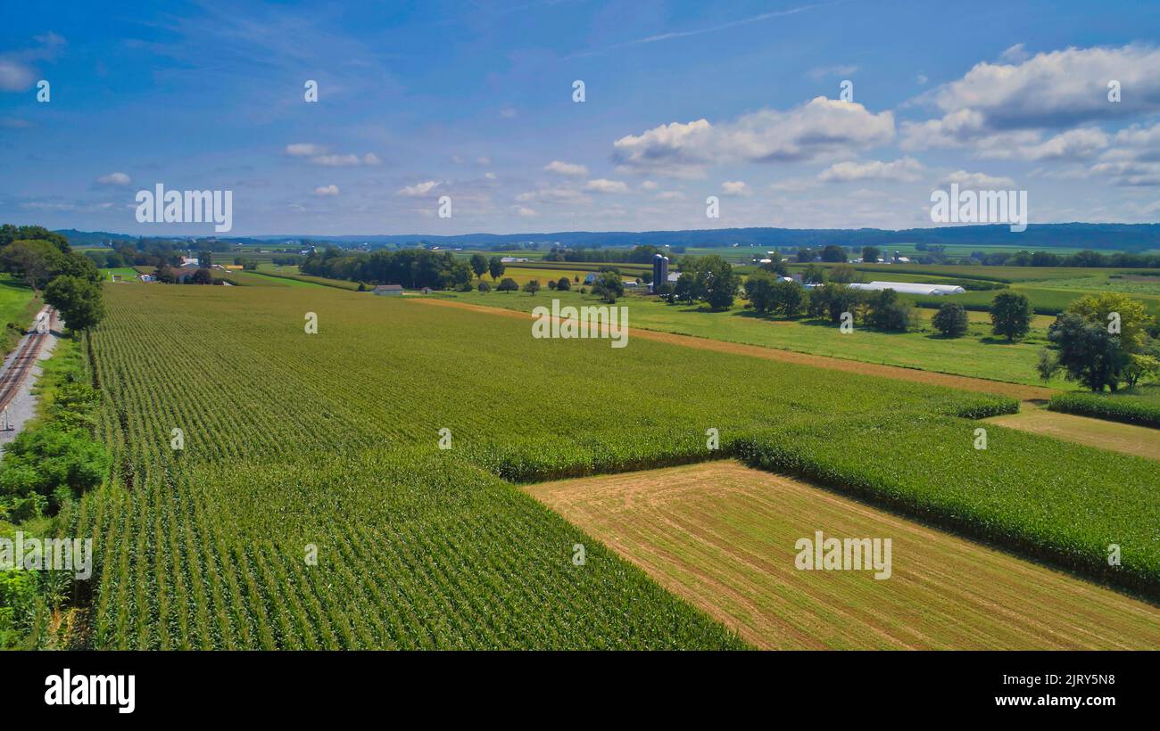 Drone View of Amish Countryside With Barns and Silos and Corn, Patch ...