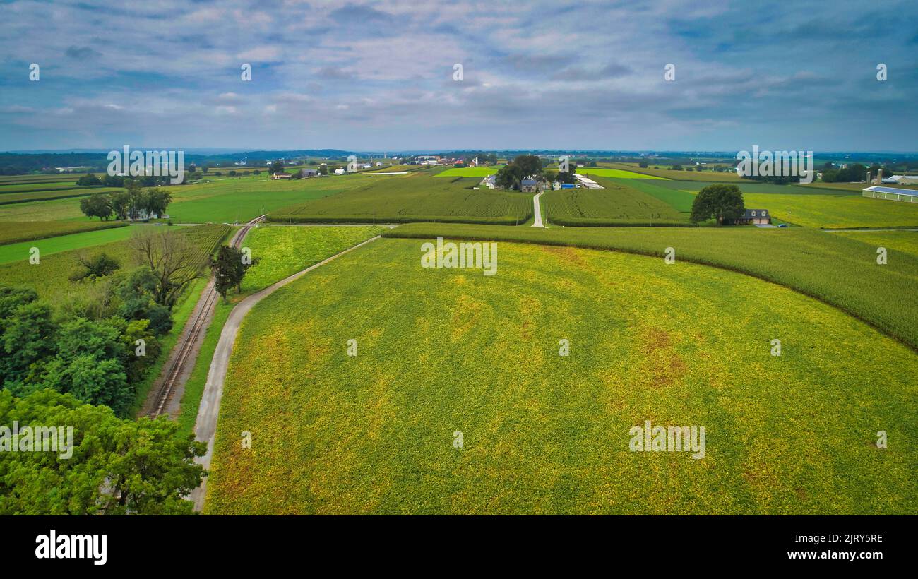 Drone View of Amish Countryside With Barns and Silos and Corn, Patch ...