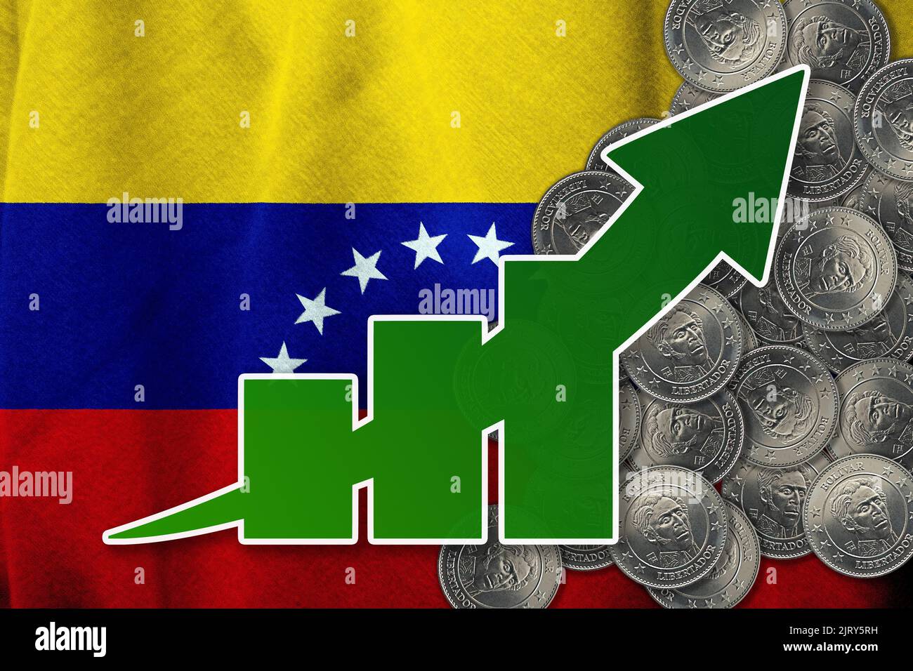 Economy Chart - Up Arrow, Bolívar Cash Coins and Venezuela Flag (Money ...