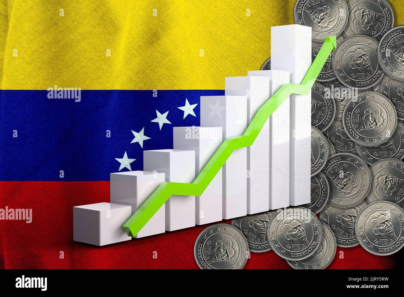 Economy Chart - Up Arrow, Bolívar Cash Coins and Venezuela Flag (Money ...