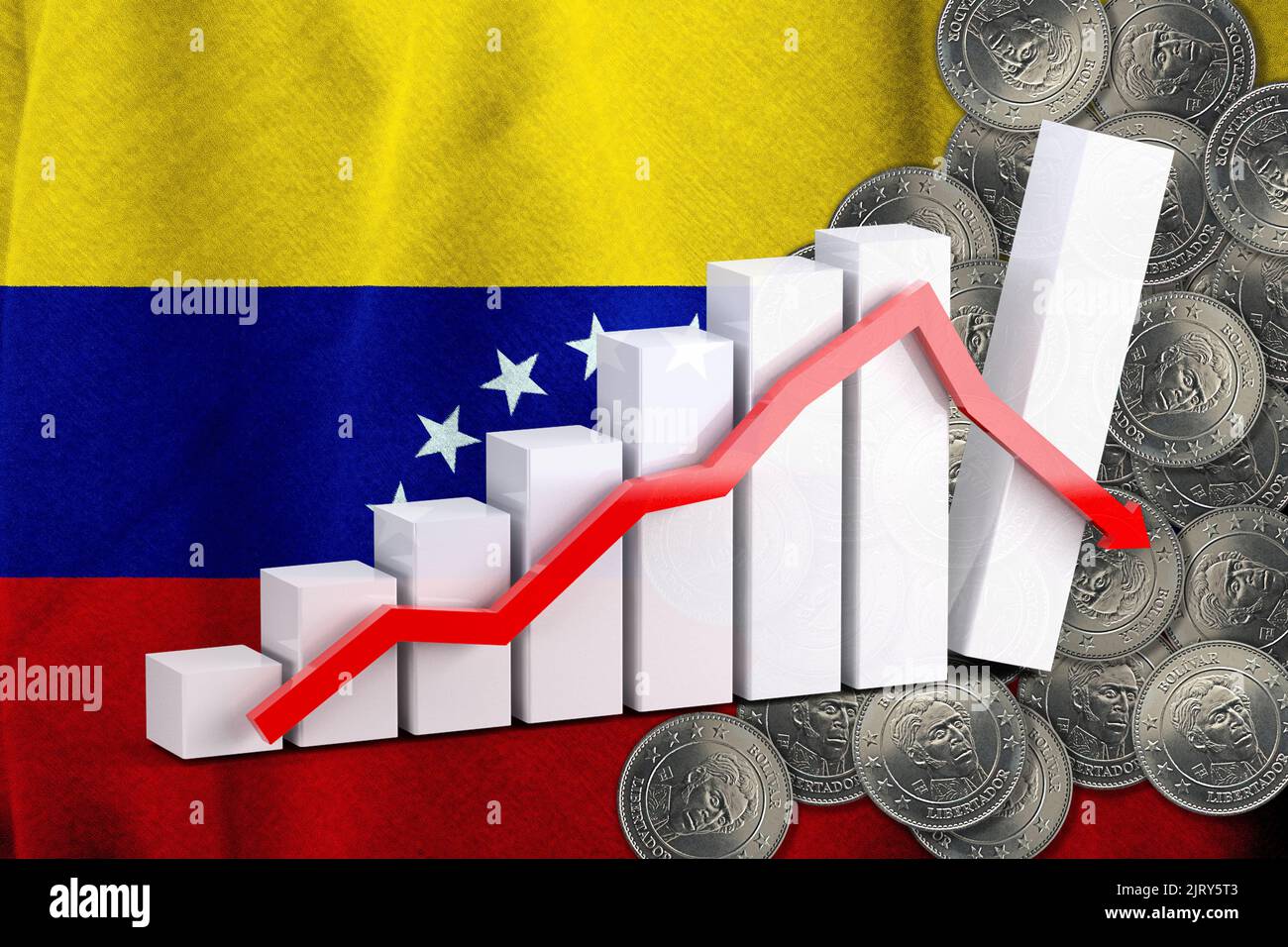 Economy Chart - Down Arrow, Bolívar Cash Coins and Venezuela Flag ...