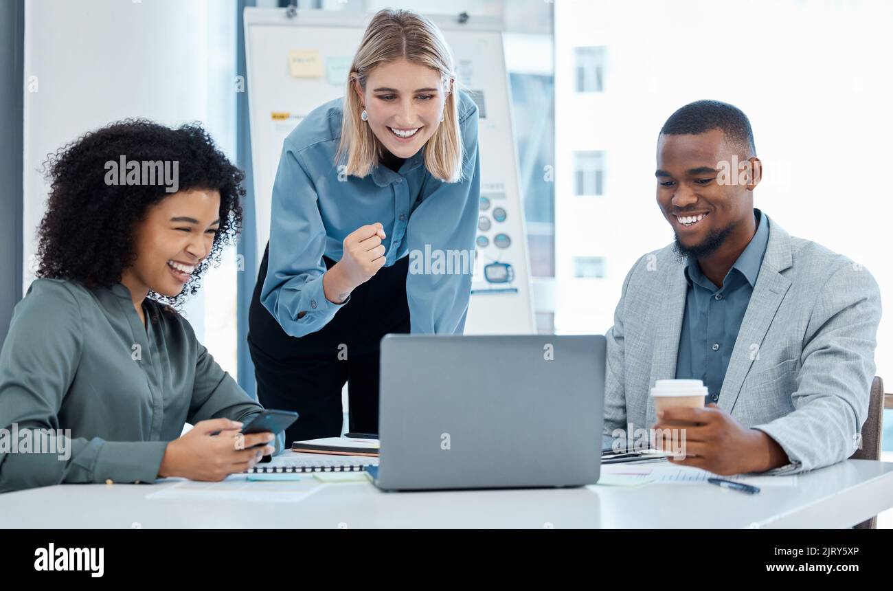 Success, collaboration and teamwork with business team reading good ...